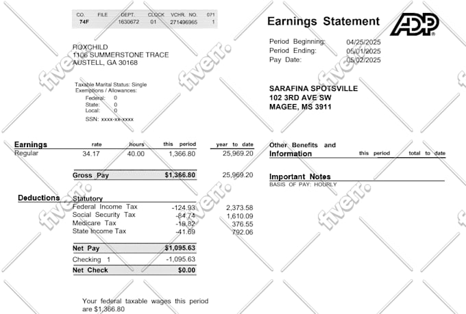 Do adp paystub, check stubs, bank statement pay stubs, paycheck stubs, w2, 1099 by Farhann_58 ...
